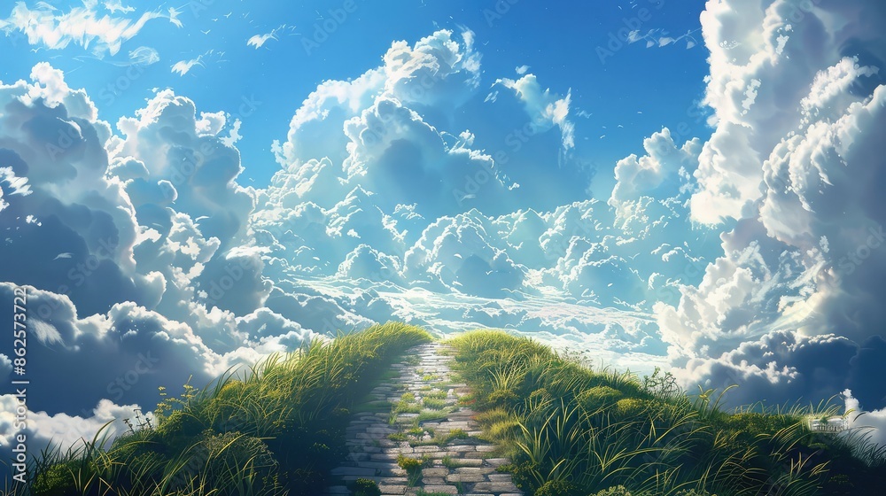 Beautiful landscape of rice field and blue sky with white clouds, A ...