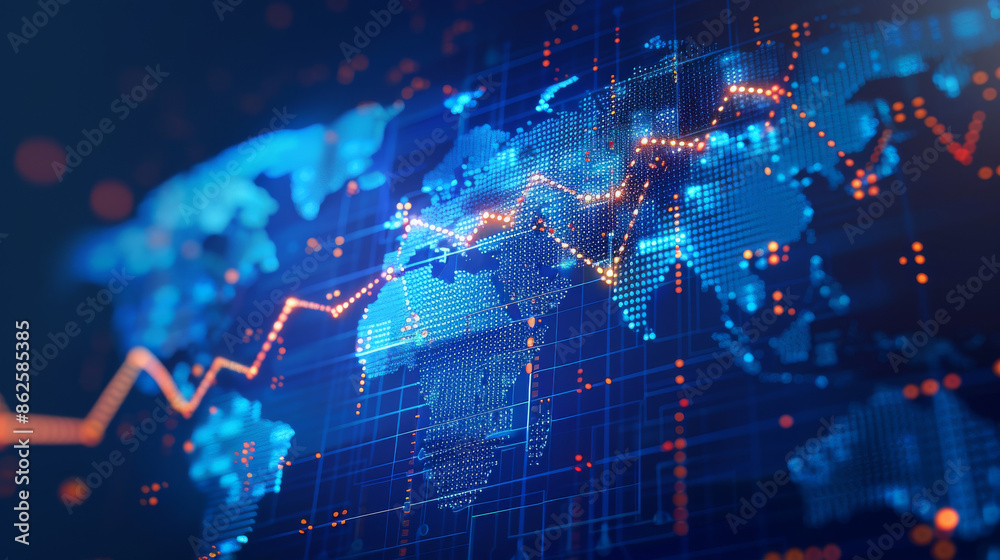 An upward arrow on a digital world map shows business success and ...