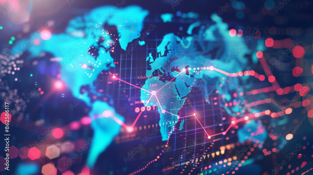 An upward arrow on a digital world map shows business success and ...