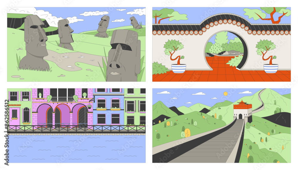 World travel landscapes cartoon flat illustrations set. Worldwide ...