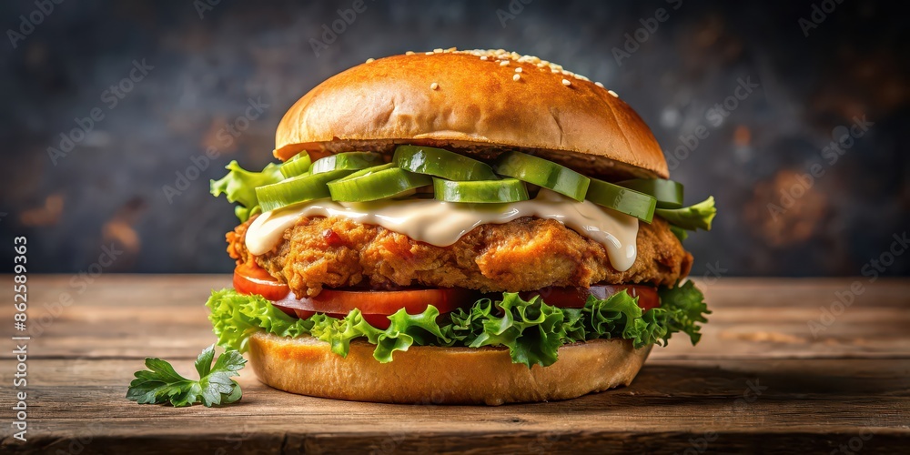 Gourmet fried chicken burger in artisanal brioche bun with pickles ...