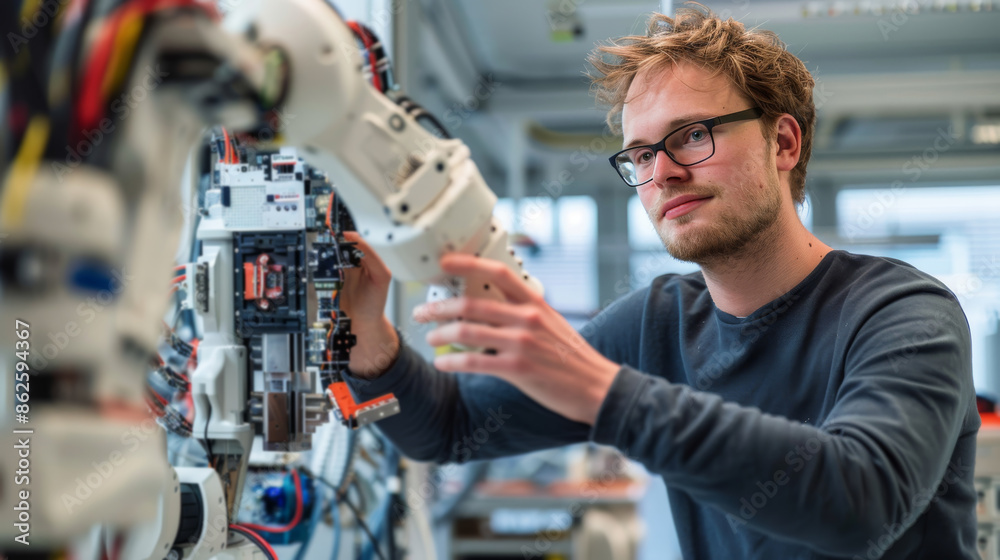 An engineer with a robotic arm prototype, adjusting its components ...