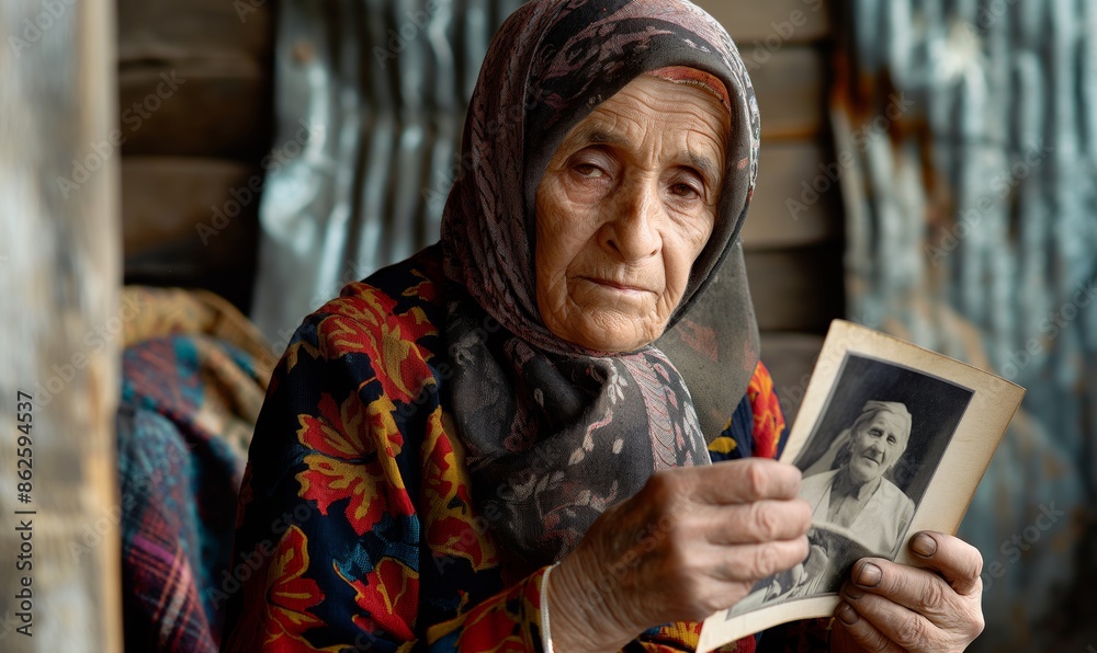 poignant moment of elderly turkish woman holding old photograph of ...