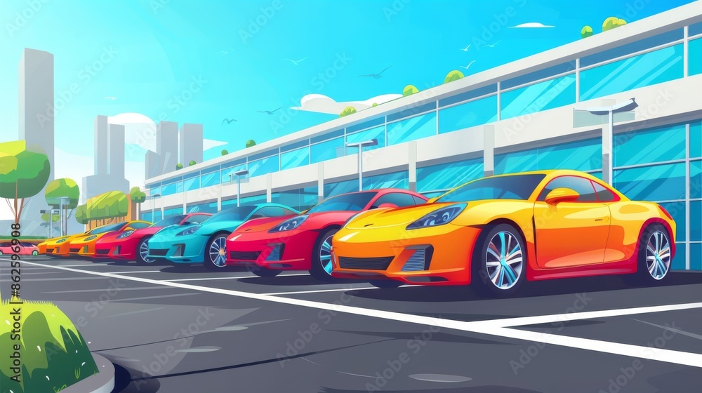 In this illustration, a cartoon car faces the back of the background ...