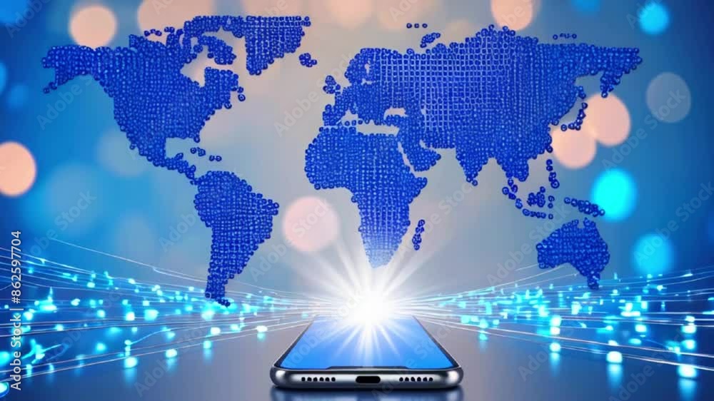 A blue world map made of numbers is shown rising out of a glowing ...