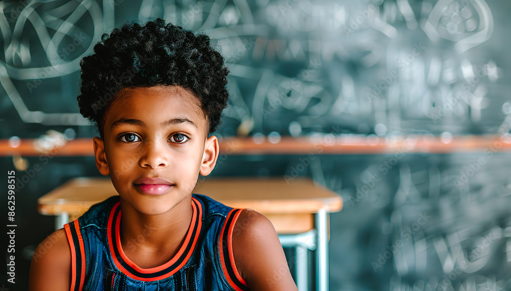 Jeune écolier métis devant un tableau dans sa classe d'école Stock ...
