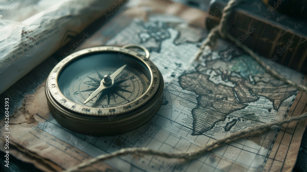 Navigate the seas with an antique compass and map, embodying the spirit ...