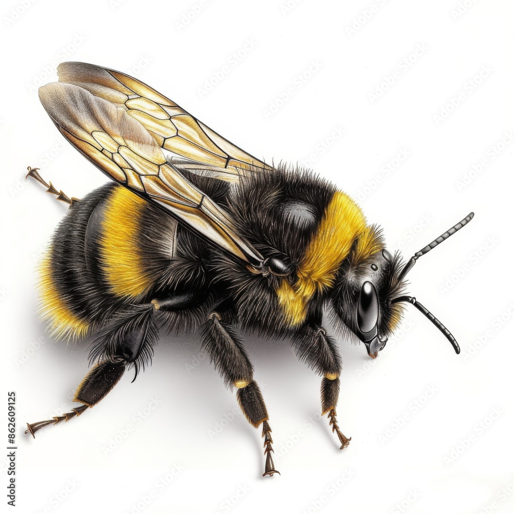 ภาพประกอบสต็อก bumblebee drawing in black and yellow, realistic style ...