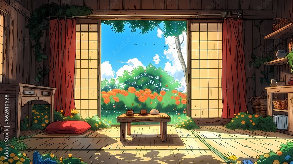 flat anime illustration, anime illustration, A traditional tatami room ...