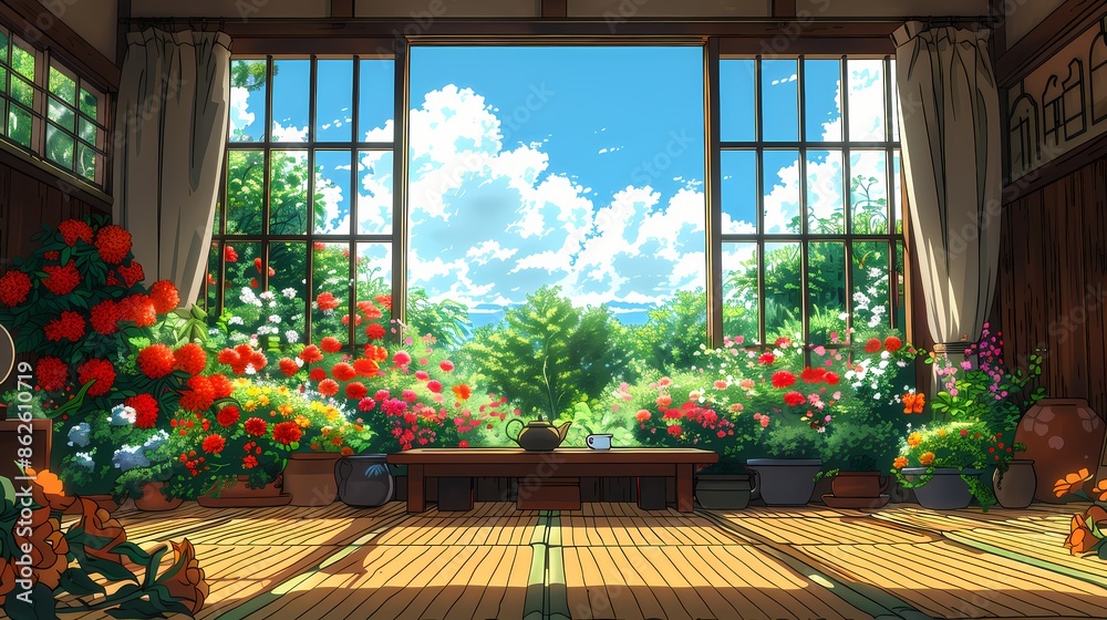 flat anime illustration, anime illustration, A traditional tatami room ...