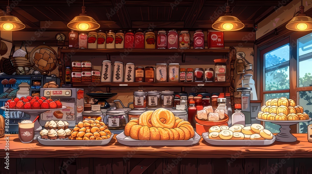 flat anime illustration, anime illustration, a counter with various ...