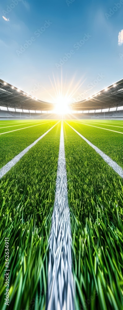 Vibrant football field under a bright sunny sky, with clear white yard ...