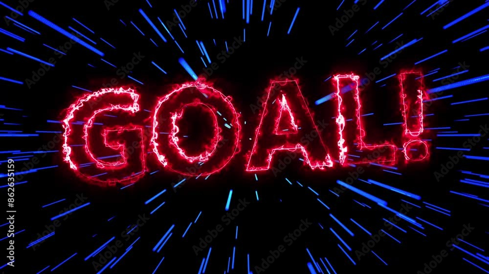 Neon GOAL! text in electric red on blue speed lines on black background ...