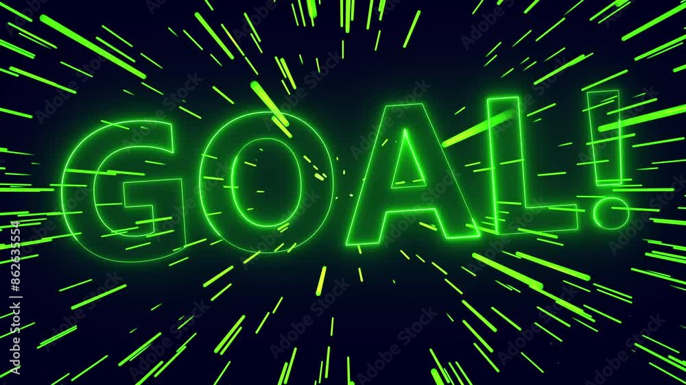 Neon GOAL! text in green on green speed lines on black background ...