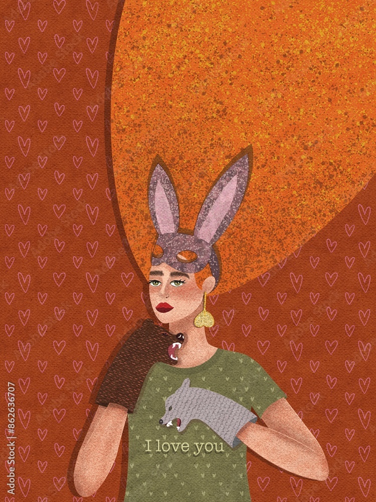 conceptual illustration of a girl with bear and wolf dolls ...