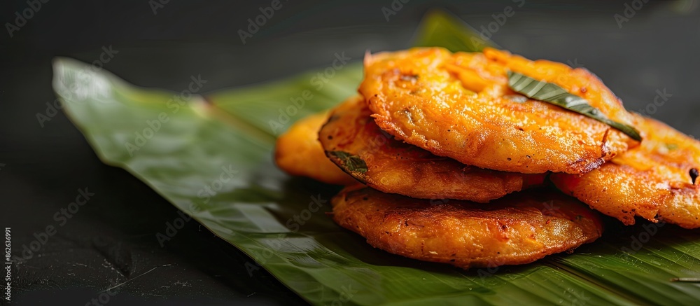 South Indian Parippu Vada, a savory Kerala snack, displayed on a banana ...