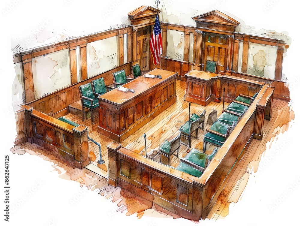 Printed diagram of a typical courtroom layout, used for explaining ...