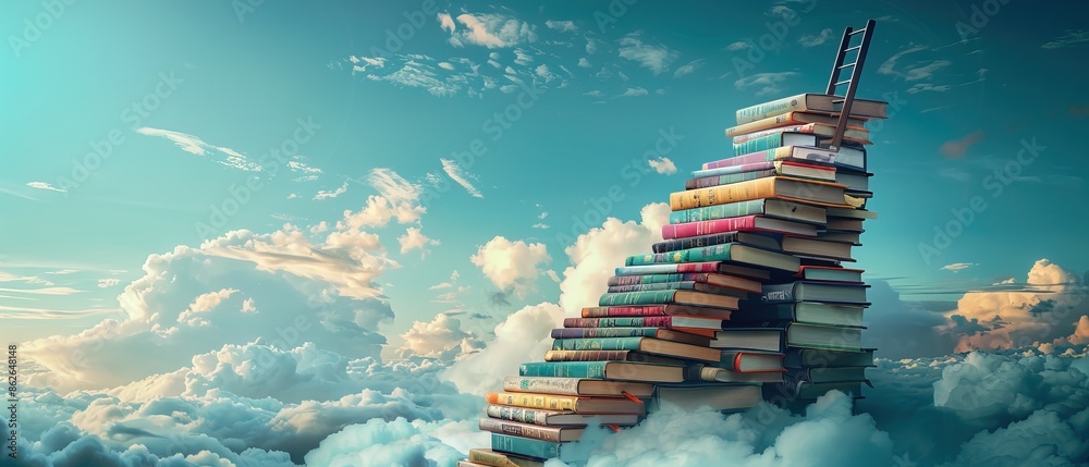 Abstract book stack with ladder on sky with clouds background. Ladder ...