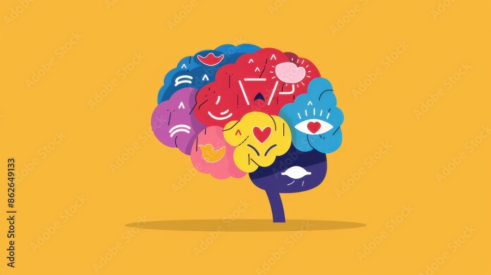 Colorful illustration of human brain with various emotions and senses ...