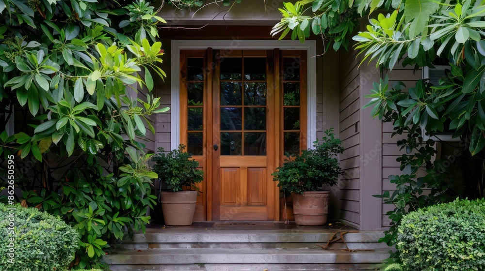 A house with a wooden front door and a large window. The door is open ...