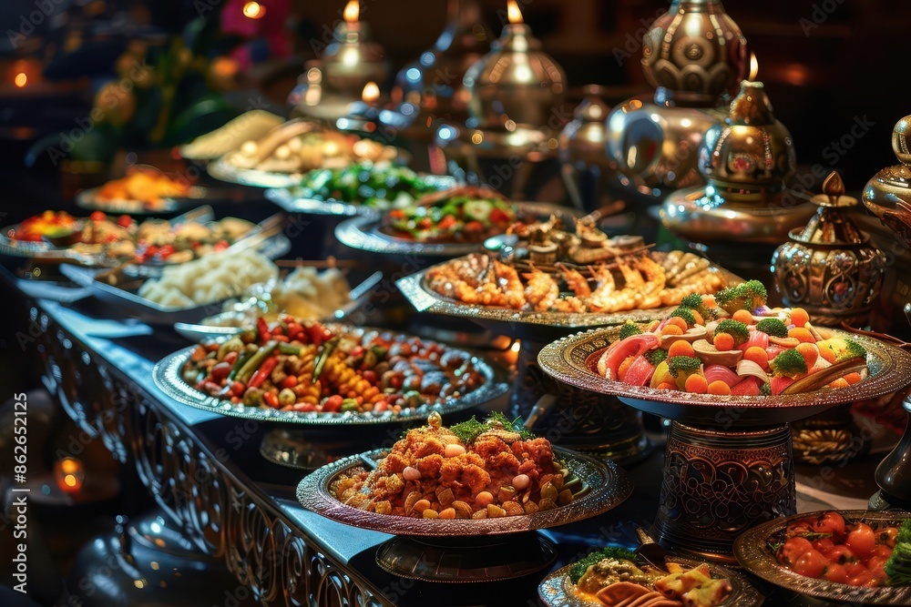 sumptuous food buffet sprawling across an ornate table vibrant dishes ...