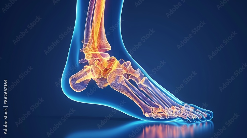 A detailed 3D illustration of the human ankle and foot bones ...