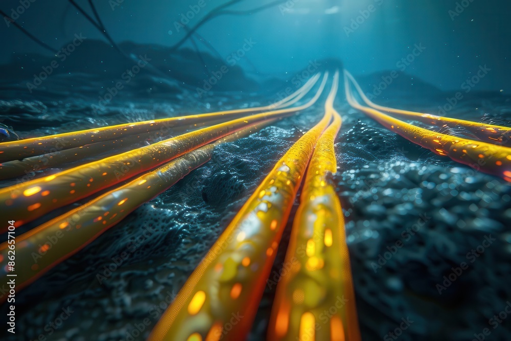vivid undersea internet cables on ocean floor yellow and orange lines ...