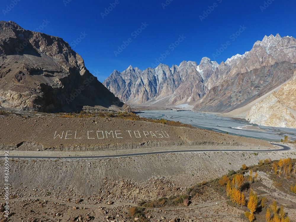 Aerial view of majestic Hunza Valley with Passu Cones and Gojal River ...