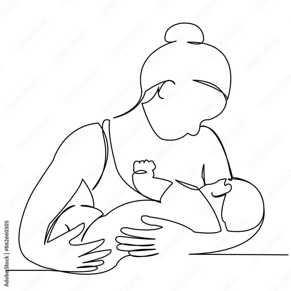 continuous single drawn one line woman is breastfeeding a child drawn ...