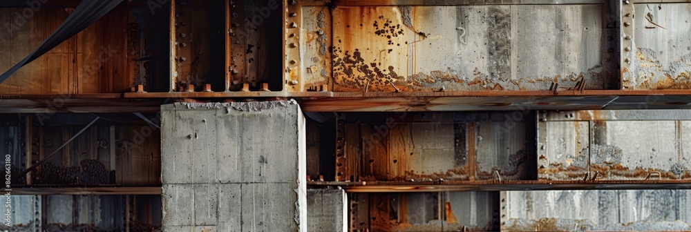 A close-up shot of steel beams and concrete pillars forming the ...