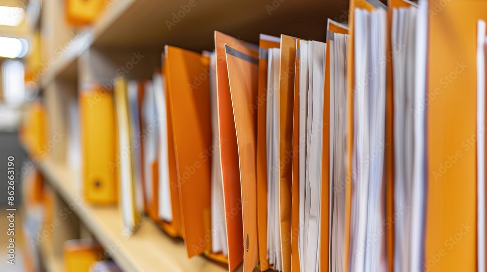 Orange file folders arranged neatly on a shelf in an office setting ...
