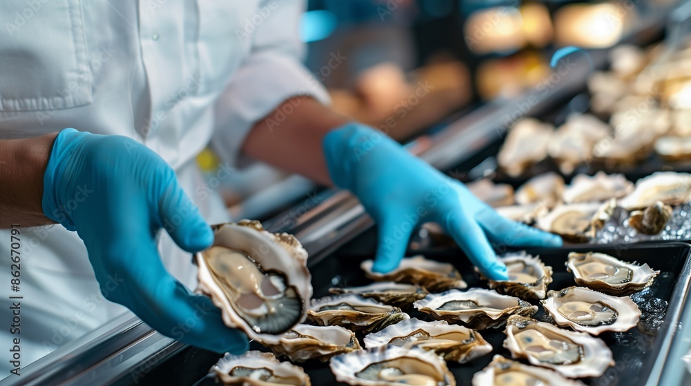 Food quality control specialist examining oysters in supermarket ...