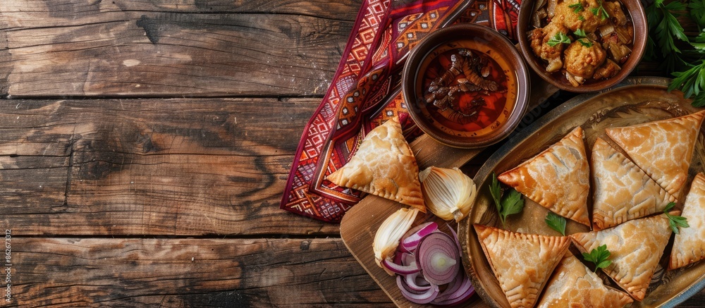 Top view copy space image of traditional Tatar dish, Echpochmak ...