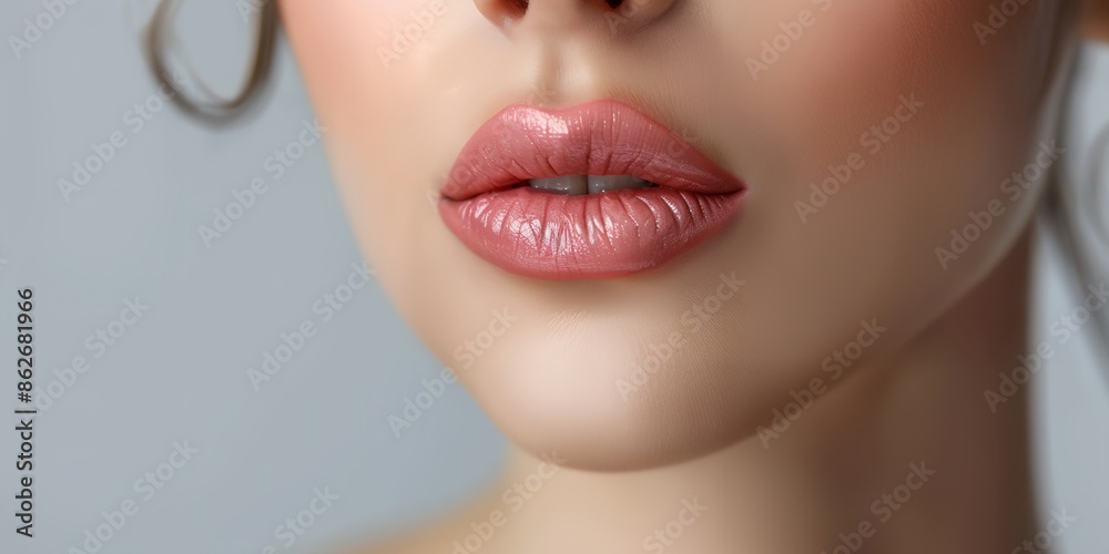 A woman with a pink lip is shown in a close up. The lips are full and ...