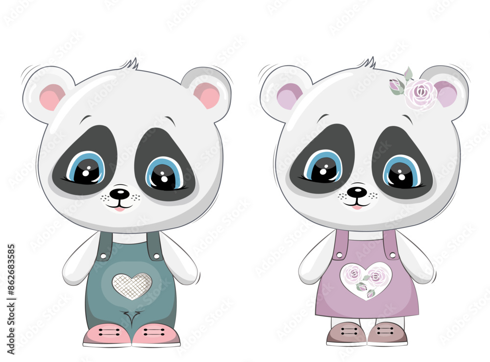 Cute pandas. Panda girl and panda boy. Vector image of animals. Drawn ...