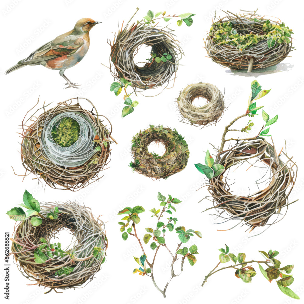 Watercolor bird nests, illustrations of various bird nests and eggs ...