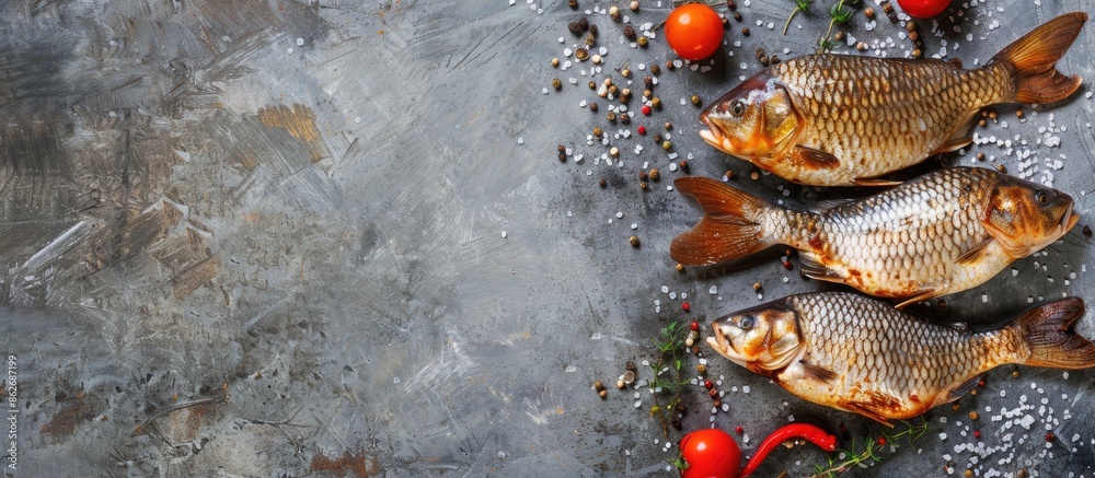 River fish, homemade roasted crucian carps on a grey table in a top ...