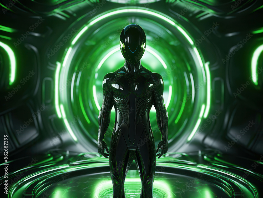 Futuristic Alien Being with Glowing Green Eyes Standing in a High-Tech ...