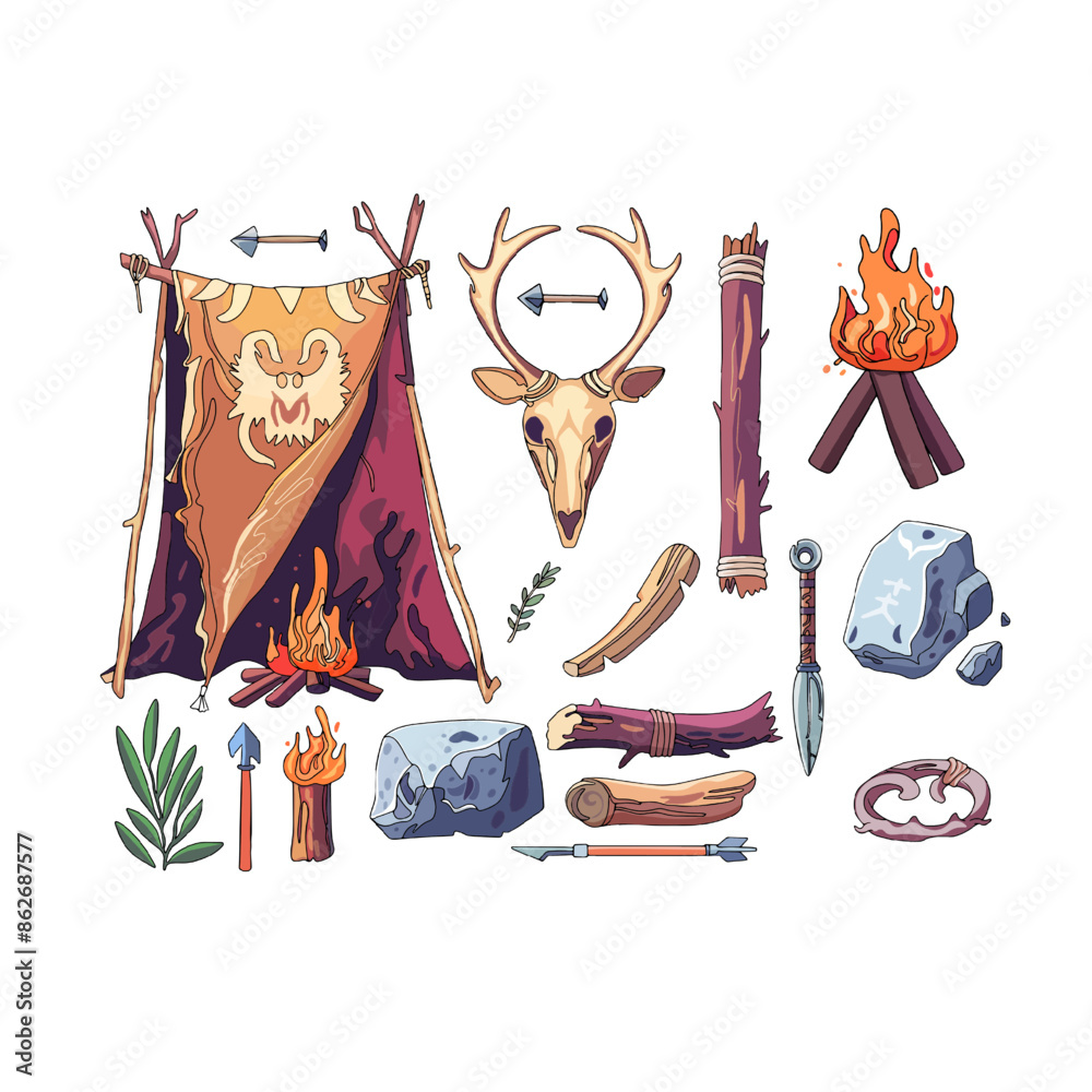 Ancient Survival Gear: Illustration of a man's primitive weaponry ...