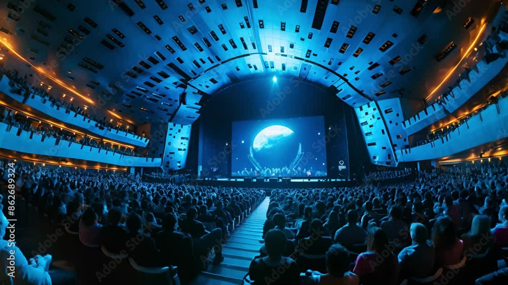 Audience members focus on the planetary display in an expansive hall ...
