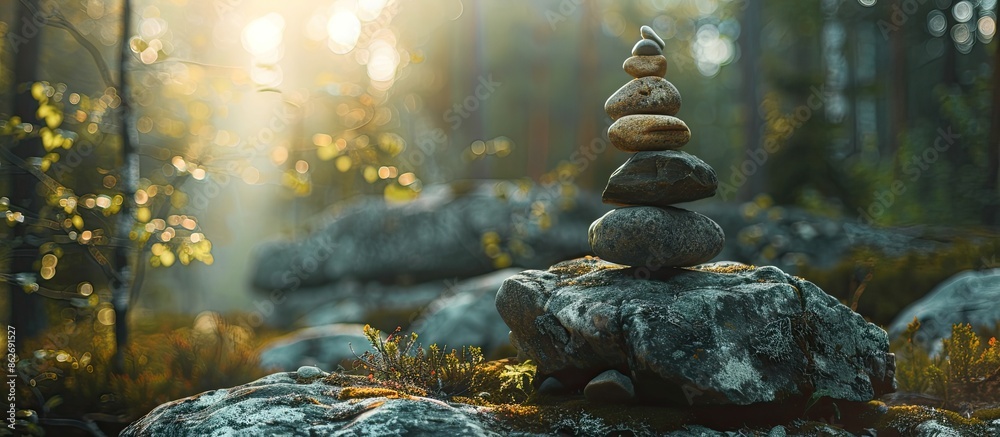 Rock cairn collection on a big boulder in the forest with copy space ...