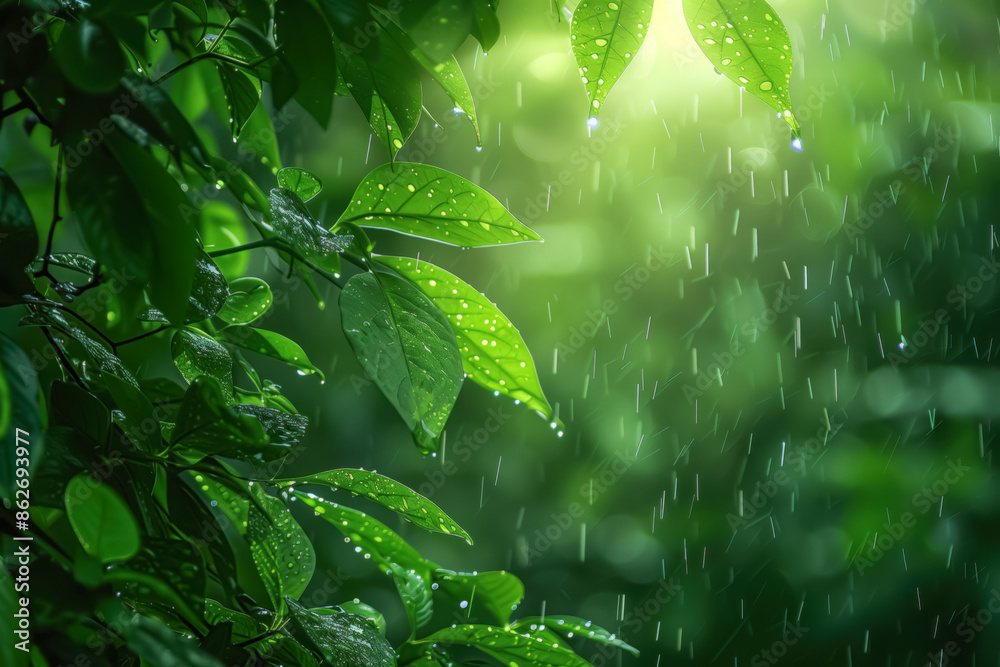 Green leaves in rain with sunlight Stock Photo | Adobe Stock