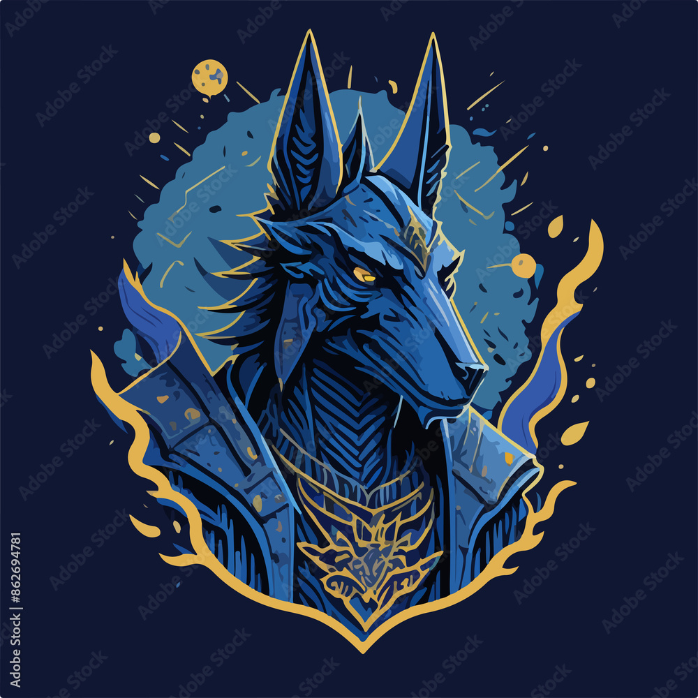 Anubis, the Egyptian god of the underworld, stands tall with a jackal ...