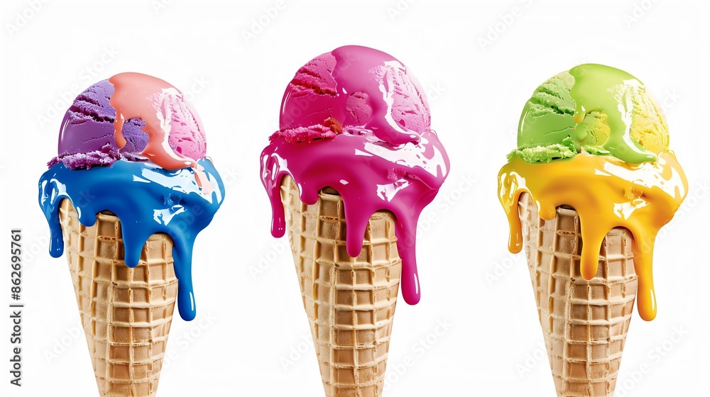 Gelato scoops in a cone, vibrant and melting, colorful and appealing ...