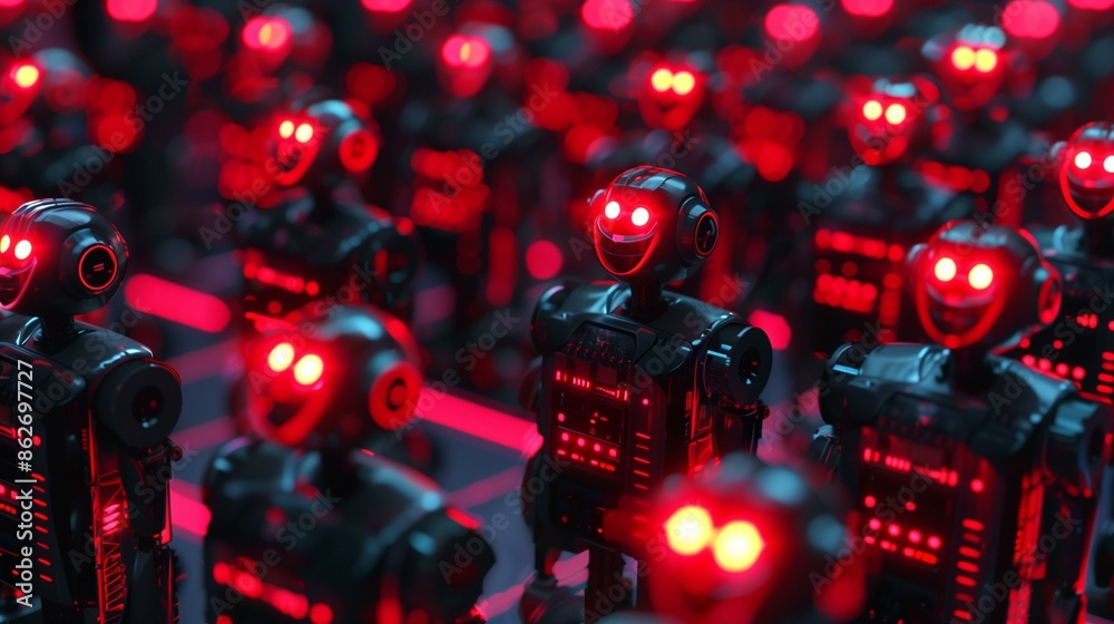 Army black red glowing eyed bots standing in formation on reflective ...