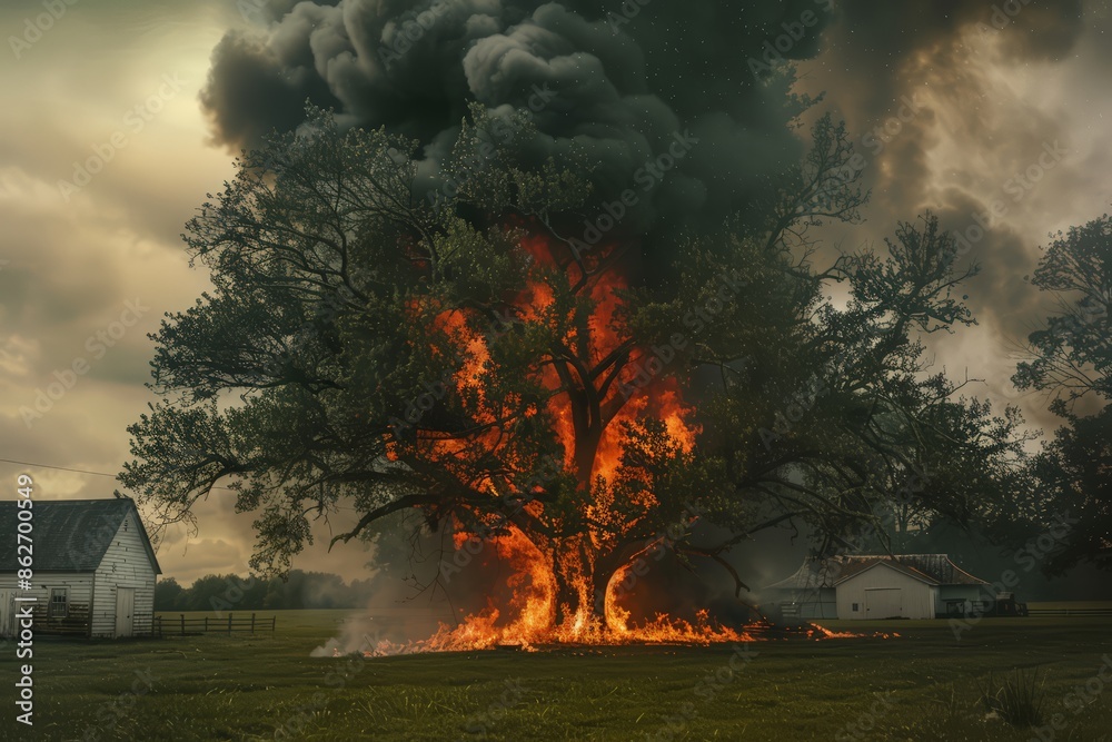 Large Tree Burning From Inside Out in a Rural Landscape Stock Photo ...