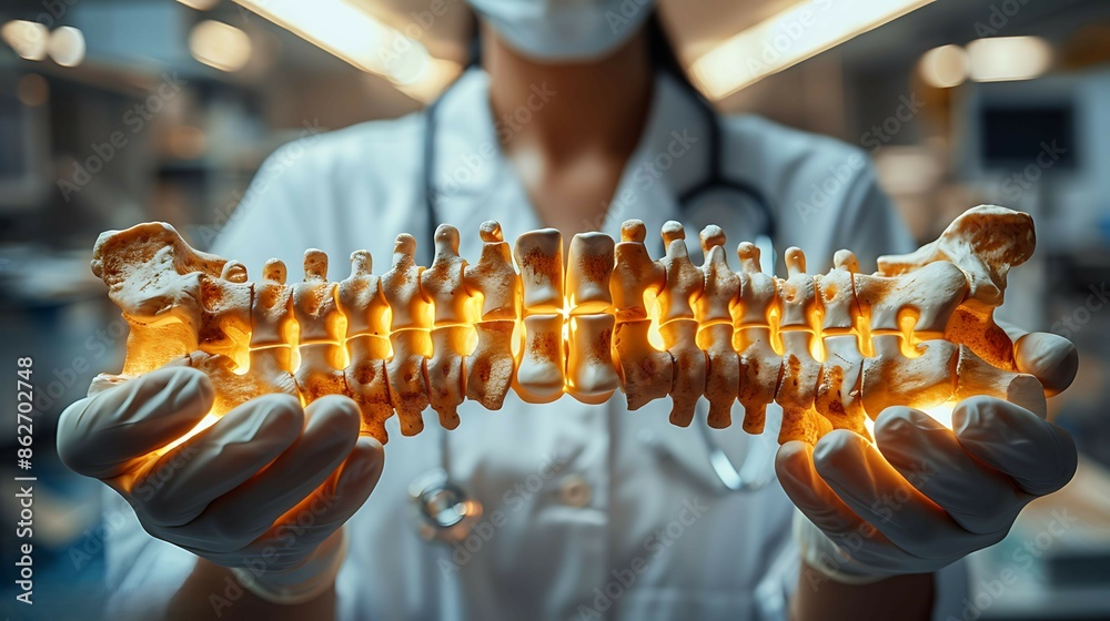 Doctor in gloves holding a glowing wooden tarsal bones model with the ...