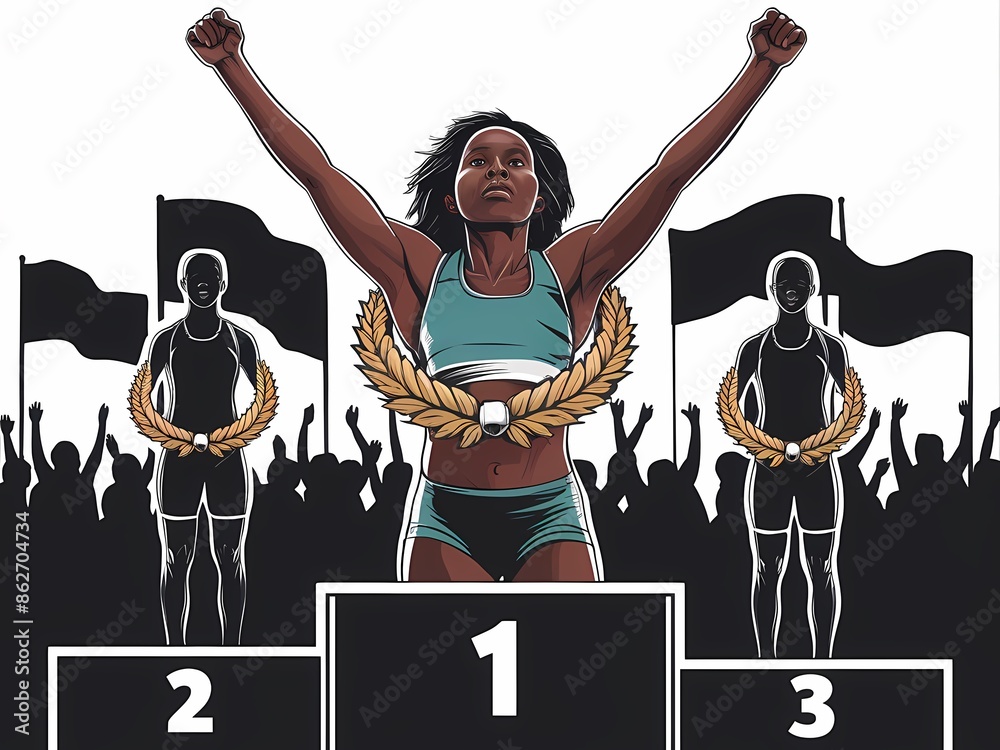 victorious female athlete standing on a 1st place podium, celebrating ...