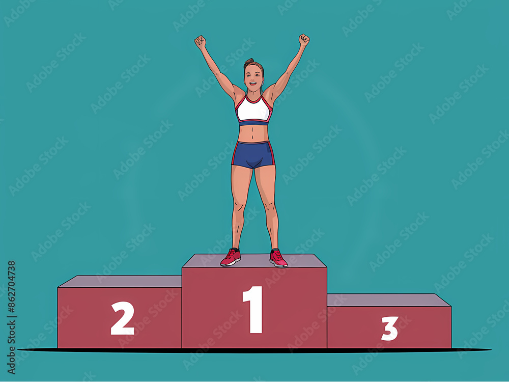 victorious female athlete standing on a 1st place podium, celebrating ...