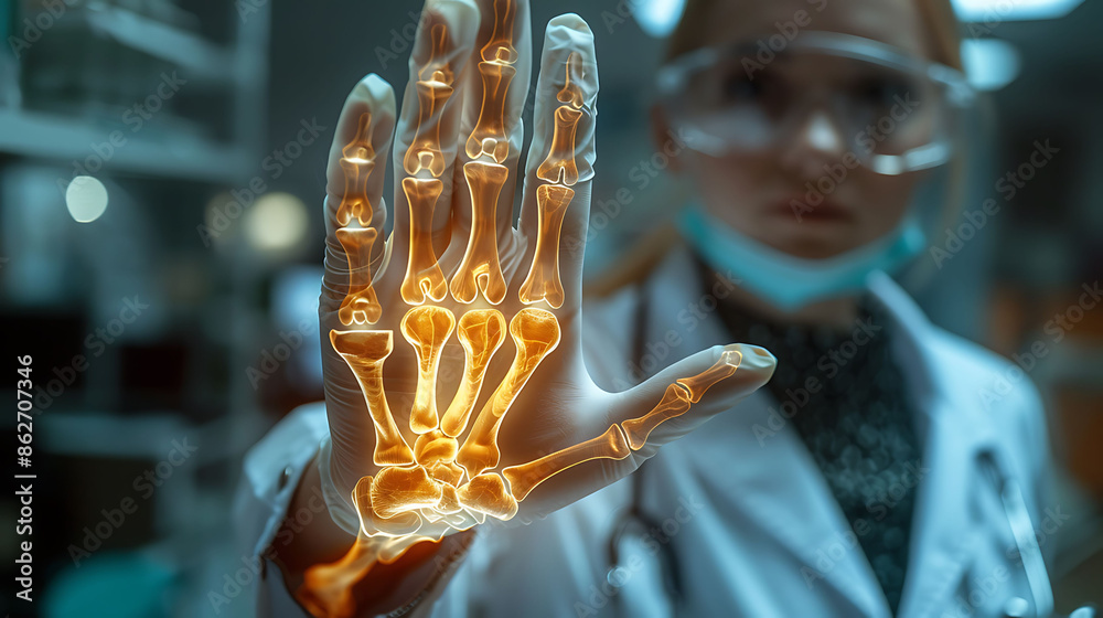 Medical doctor in gloves and a white coat holding a glowing wooden ...